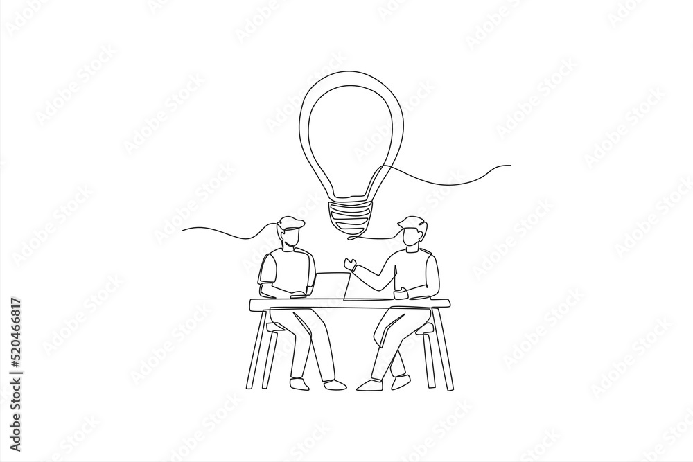 Continuous one line drawing young businessman and his friend discussing ...