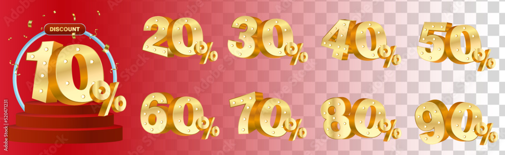 Set of 3D Gold Discount numbers on podium with confetti and box vector ...