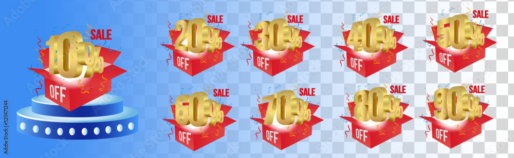Set of 3D Gold Discount numbers on podium with confetti and box vector ...
