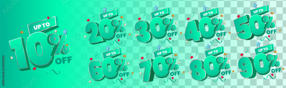 Set of 3D Green Discount numbers with confetti vector. Price off tag ...