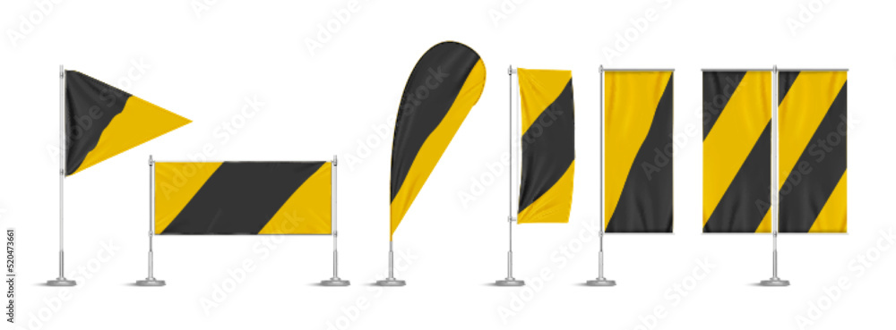 Yellow and black vinyl flags and banners on pole. Vector realistic ...