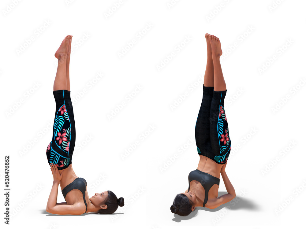 Front 3-4 and Left Profile Poses of a Woman in Yoga Shoulderstand Pose ...