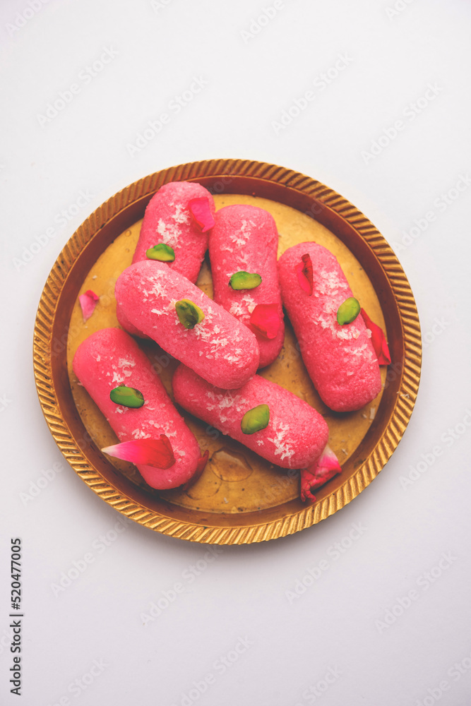 Pink Chumchum or rose flavoured chum chum or cham cham, indian and ...