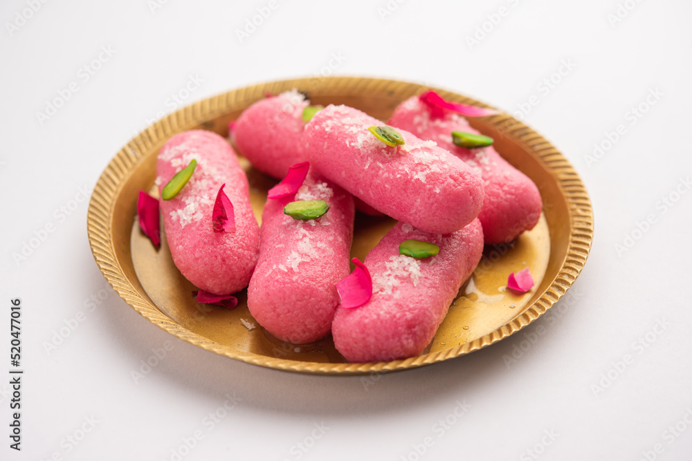 Pink Chumchum or rose flavoured chum chum or cham cham, indian and ...