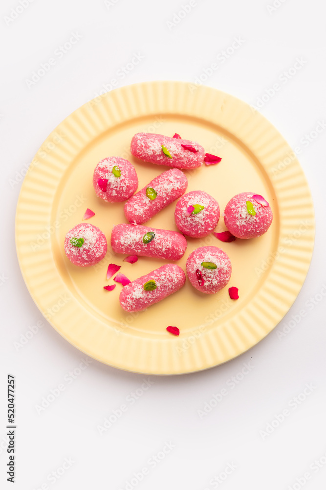 Pink Chumchum or rose flavoured chum chum or cham cham, indian and ...