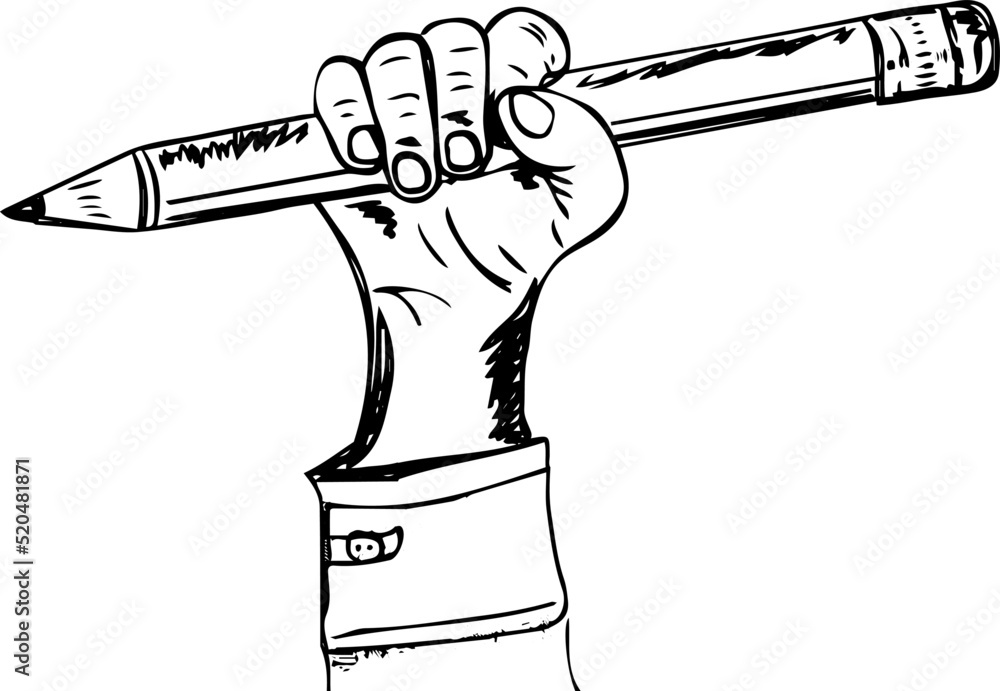 Hand holding big pencil vector drawing, Sketch drawing of hand holding ...