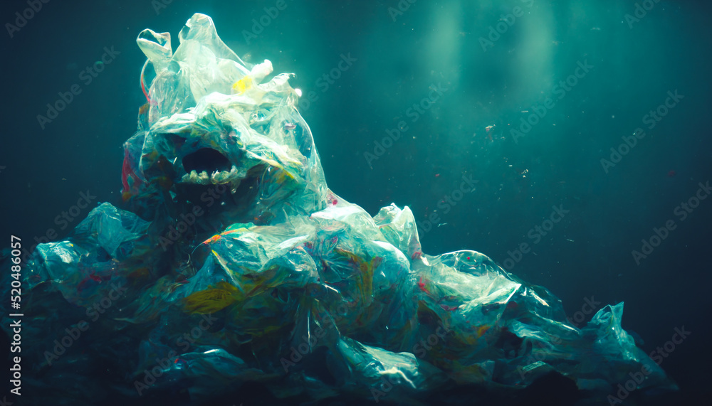 Sea pollution concept. underwater monster made from plastic bags ...
