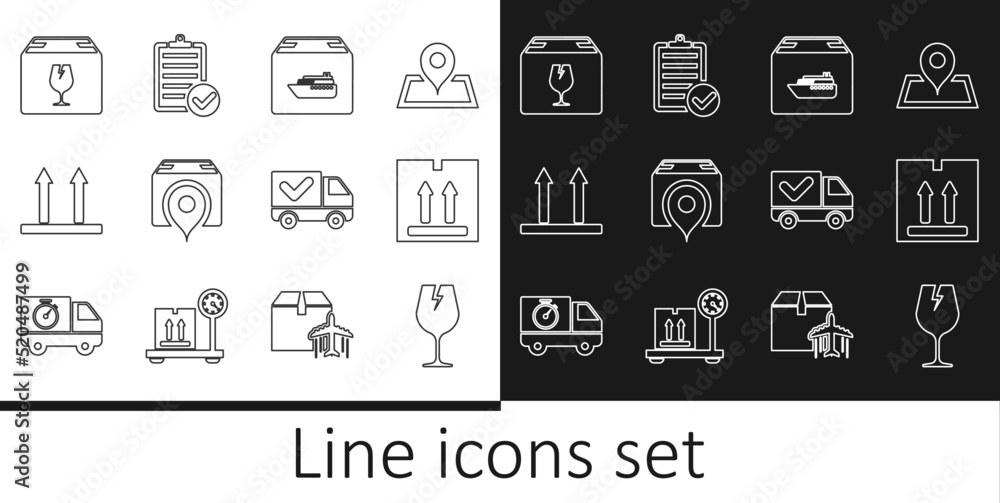 Set line Fragile broken glass, Cardboard box with traffic, Cargo ship boxes, Location cardboard ...