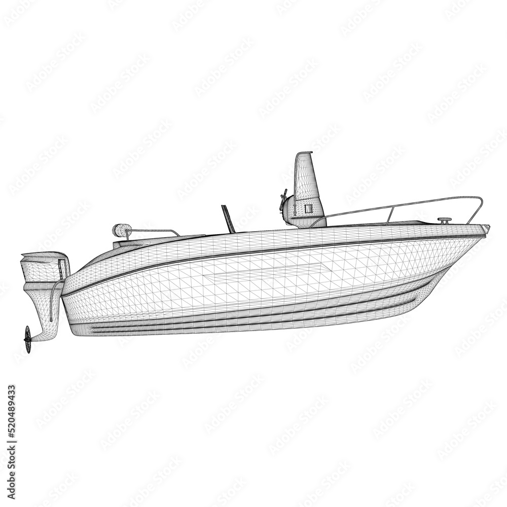 Motor Boat Wireframe From Black Lines Isolated On White Background Side View 3d Vector