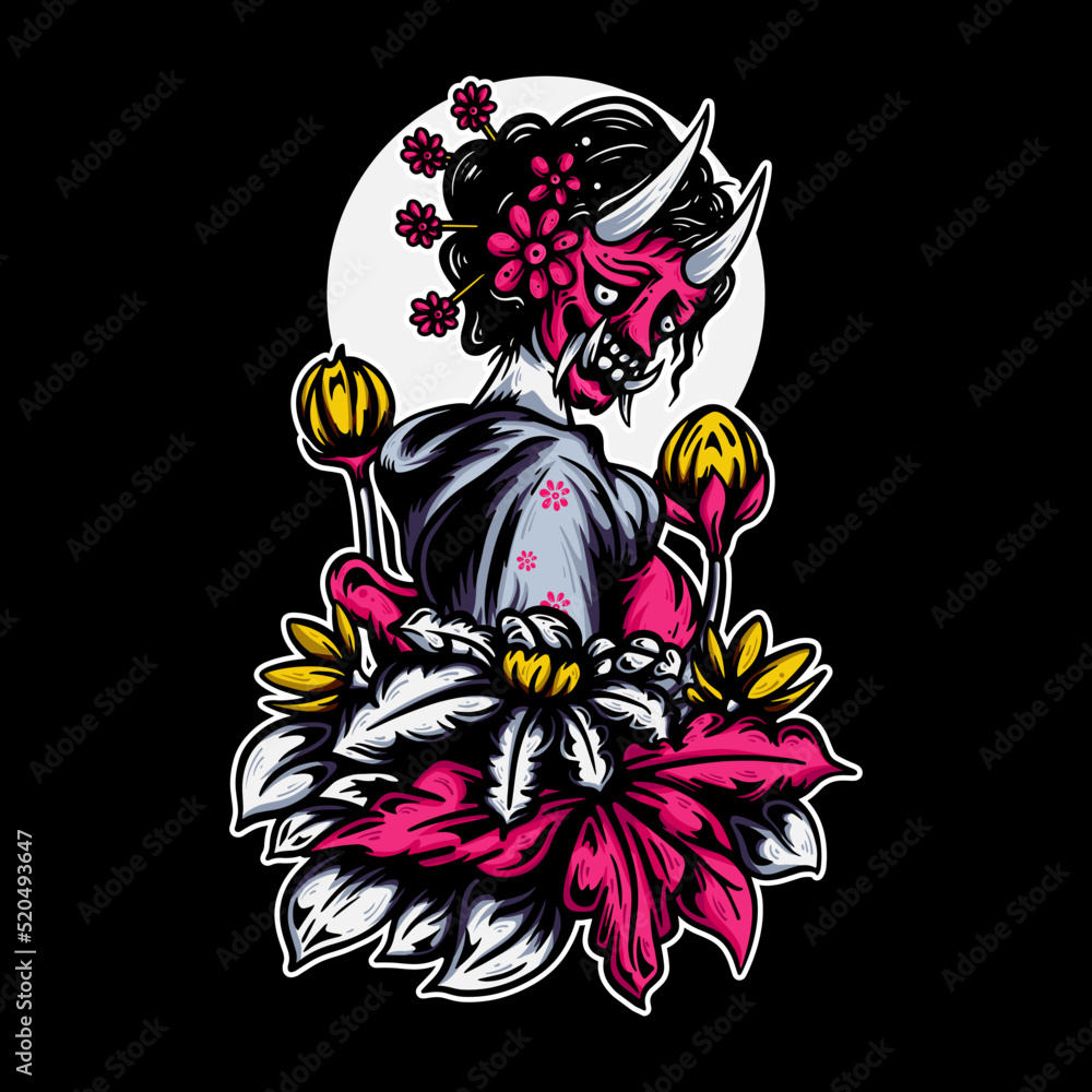 vector illustration geisha wearing japanese demon mask with black ...