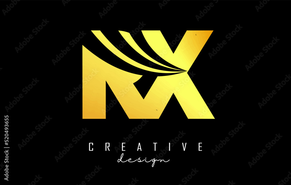 Golden letter RX r x logo with leading lines and road concept design ...