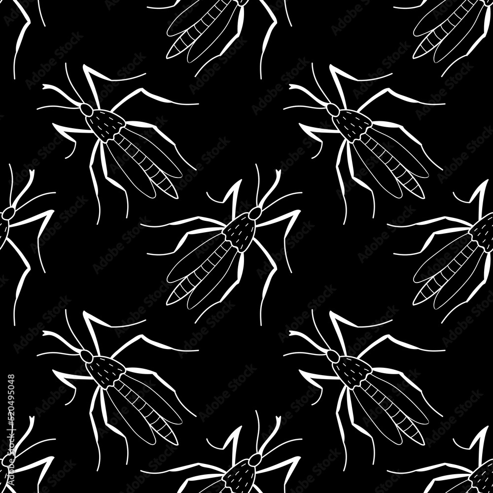Vector seamless pattern of outline mosquitos, moths, beetles in doodle ...