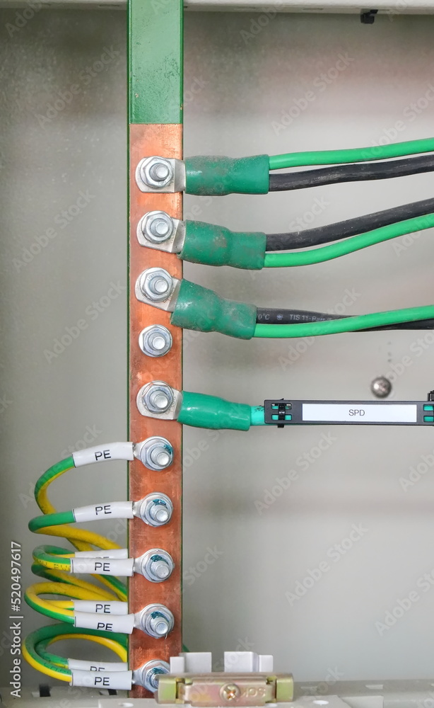 Grounding electric bar, cables connected to copper busbar ground. Stock ...