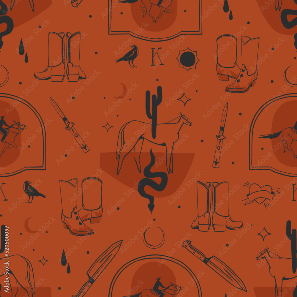 Hand drawn abstract vector graphic clipart illustration boho cowboy ...