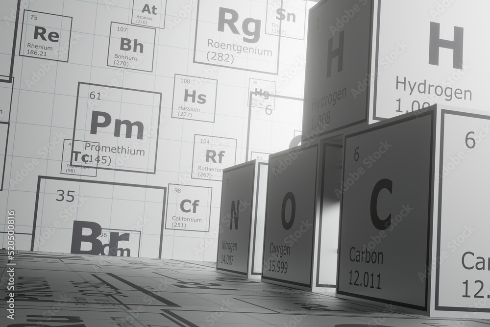 3d background of the elements of the periodic table, carbon, hydrogen ...