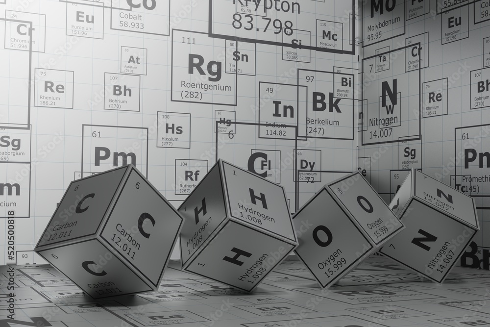 Background of 3d cubes of the elements of the periodic table, carbon ...