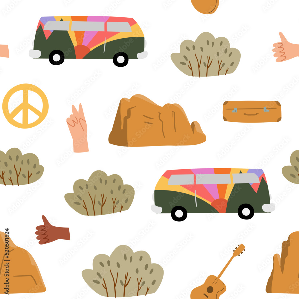 groovy hippie seamless pattern, retro 70s hippy van bus digital paper ...