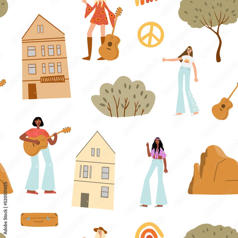groovy hippie seamless pattern, retro 70s hippy digital paper, road ...
