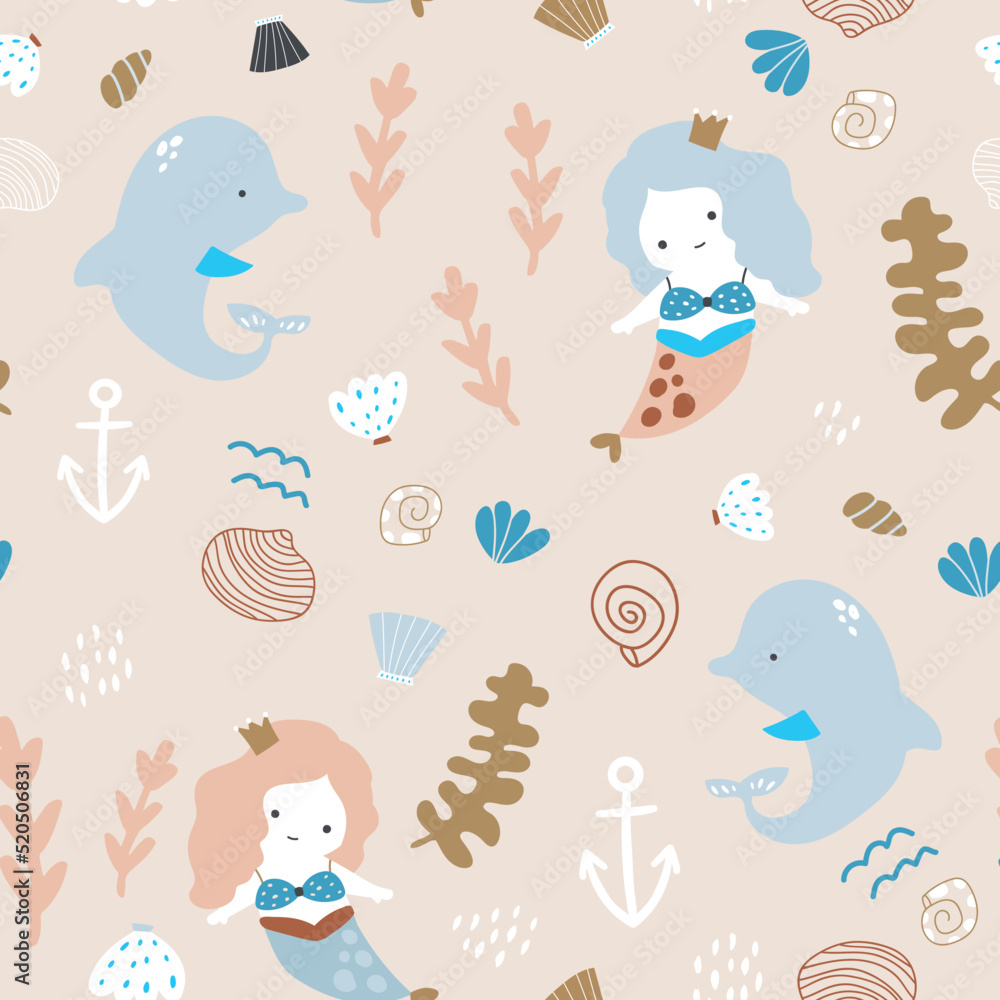 Seamless pattern with cute little little mermaids. Creative pastel ...