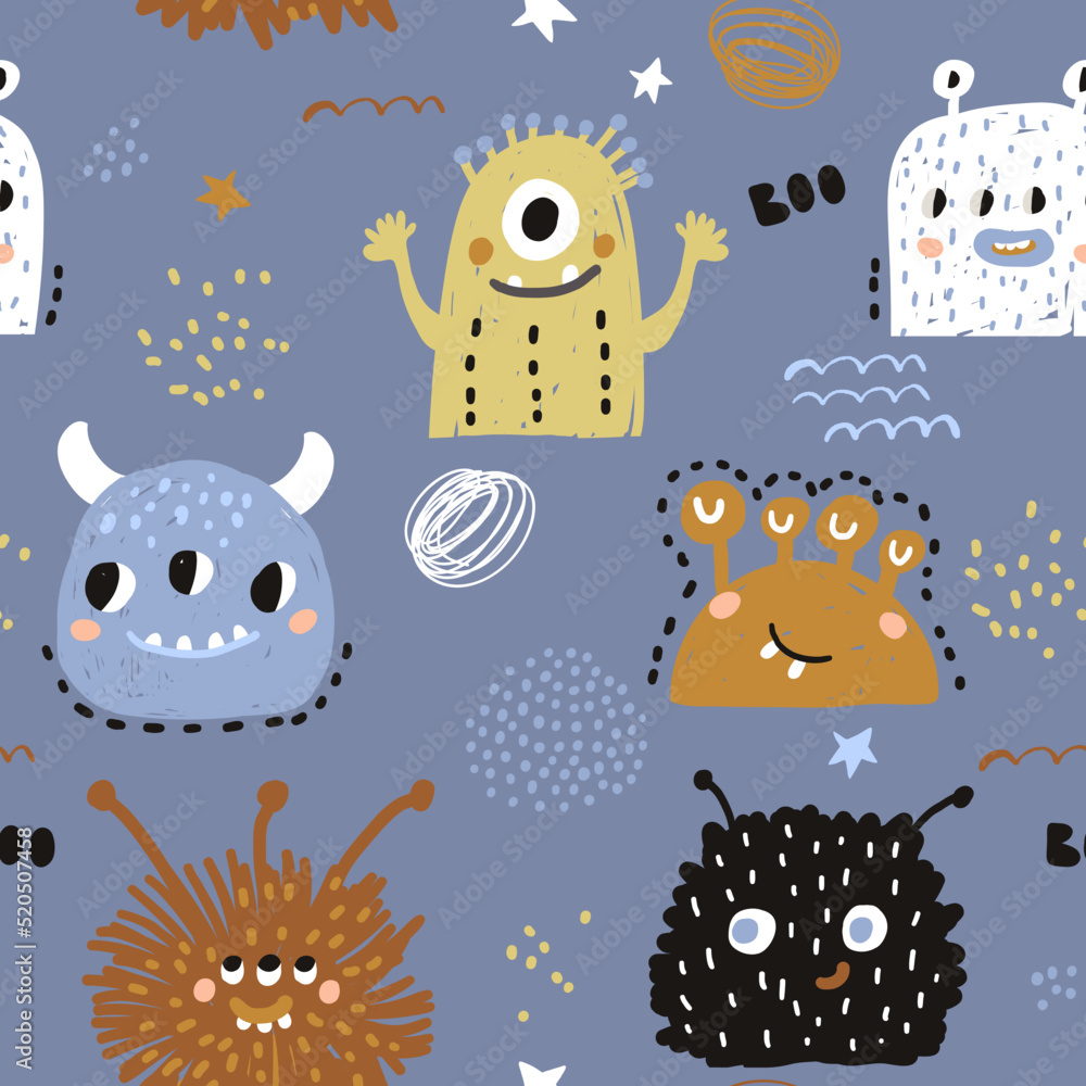 Childish seamless pattern with creative hand drawn monsters. Funny ...