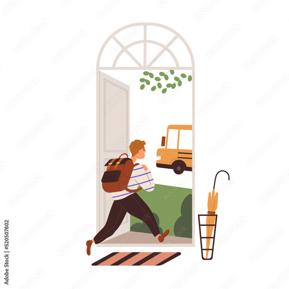 Child leaving home, going to school. Boy kid student with backpack ...