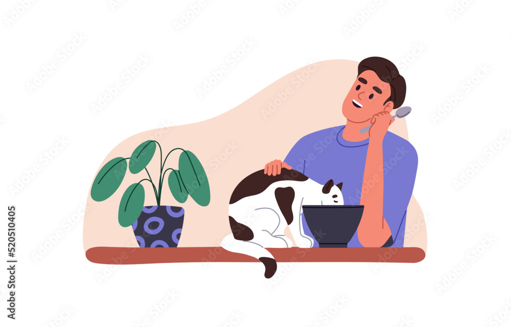 Happy person, pet owner having meal, stroking cute funny cat eating ...