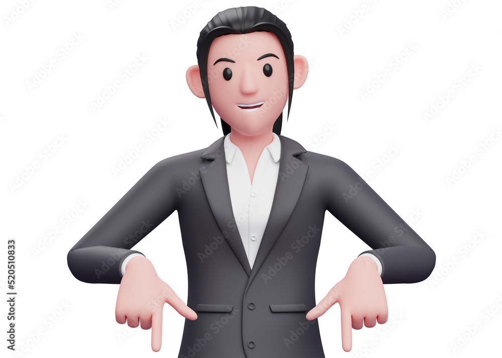 3d business woman pointing down, business woman in formal suit pointing ...