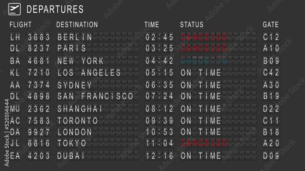 A departure board with international flights at the airport changes the ...
