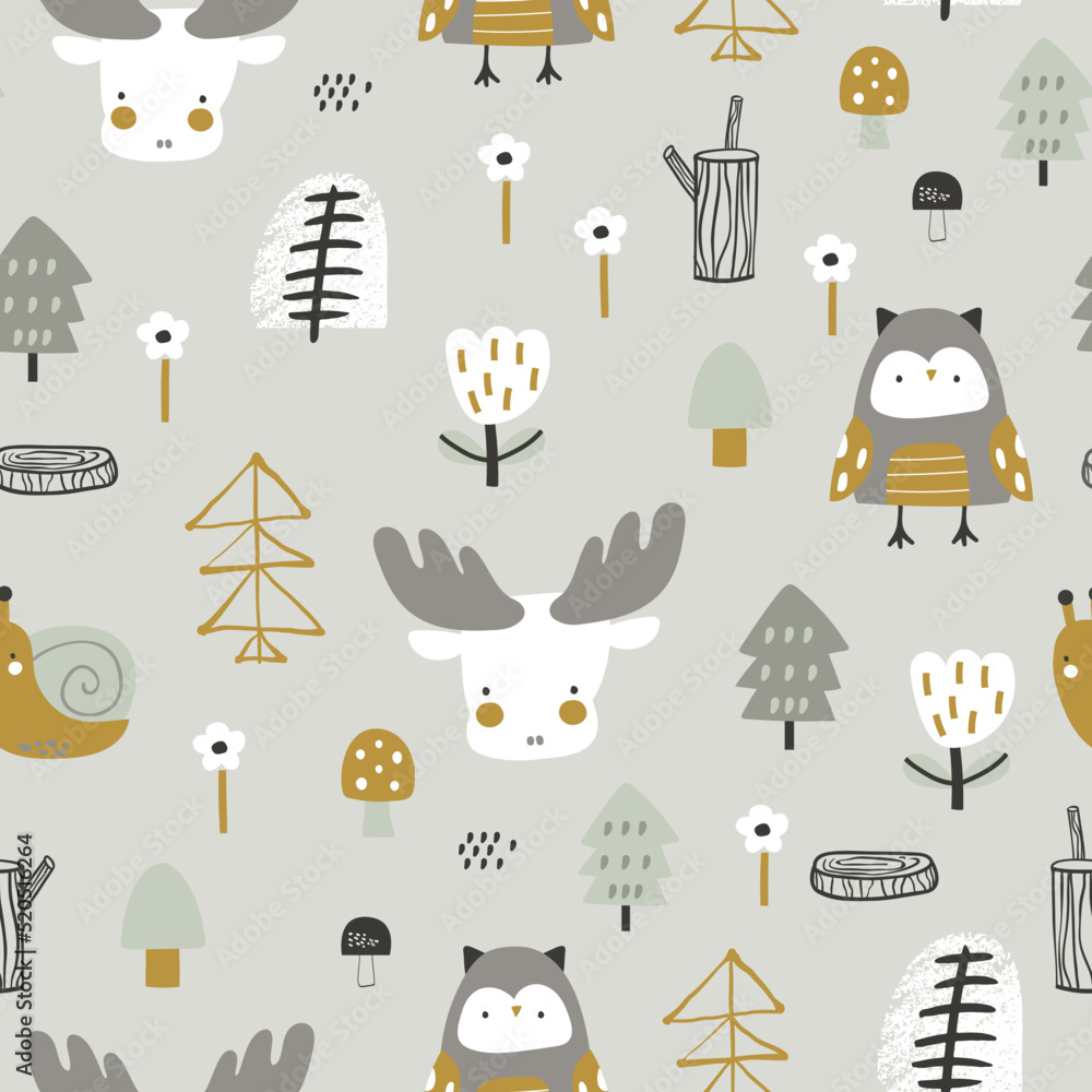 Seamless forest pattern with bear, moose, owl, snail and forest ...