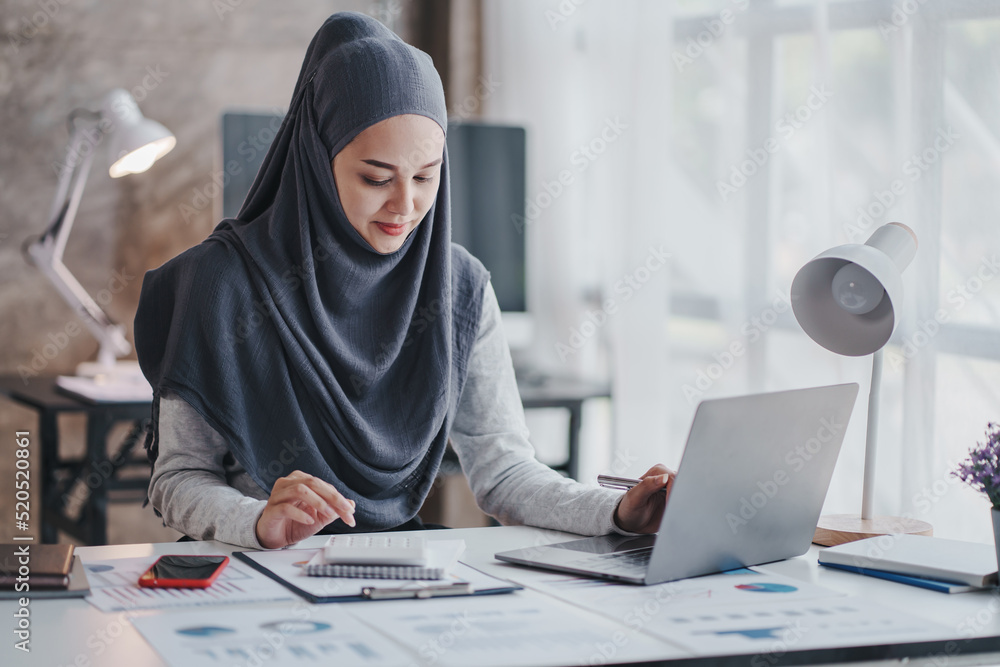 happy muslim business women in hijab at work smiling arab woman taking ...