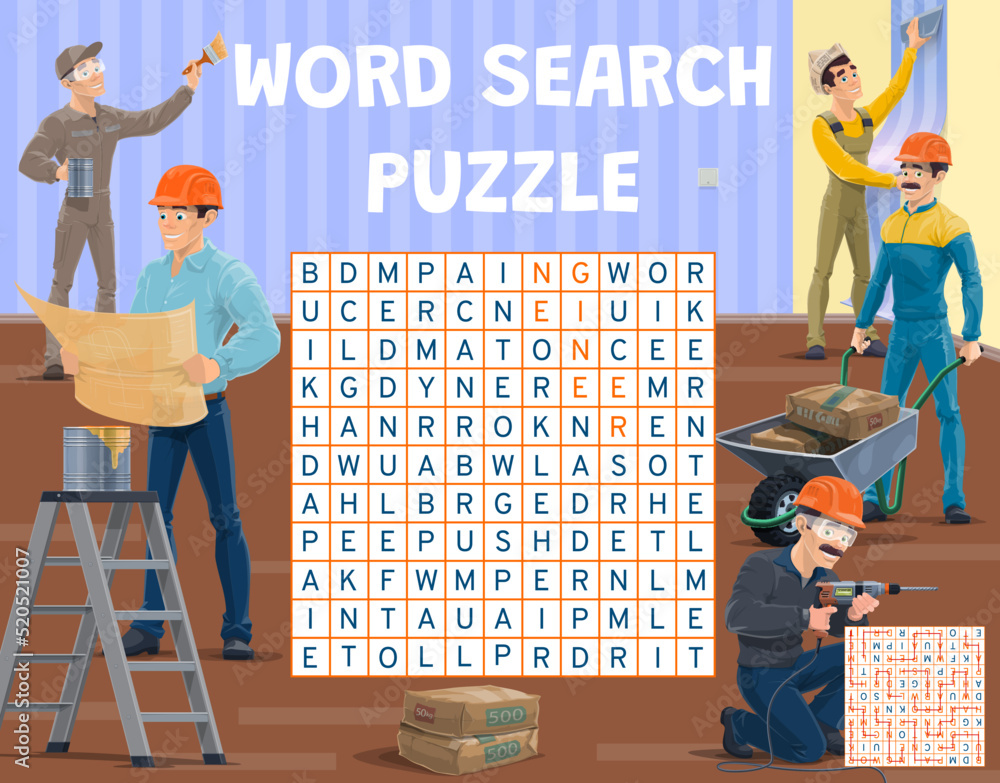 Foreman and workers. Word search puzzle game worksheet. Educational ...