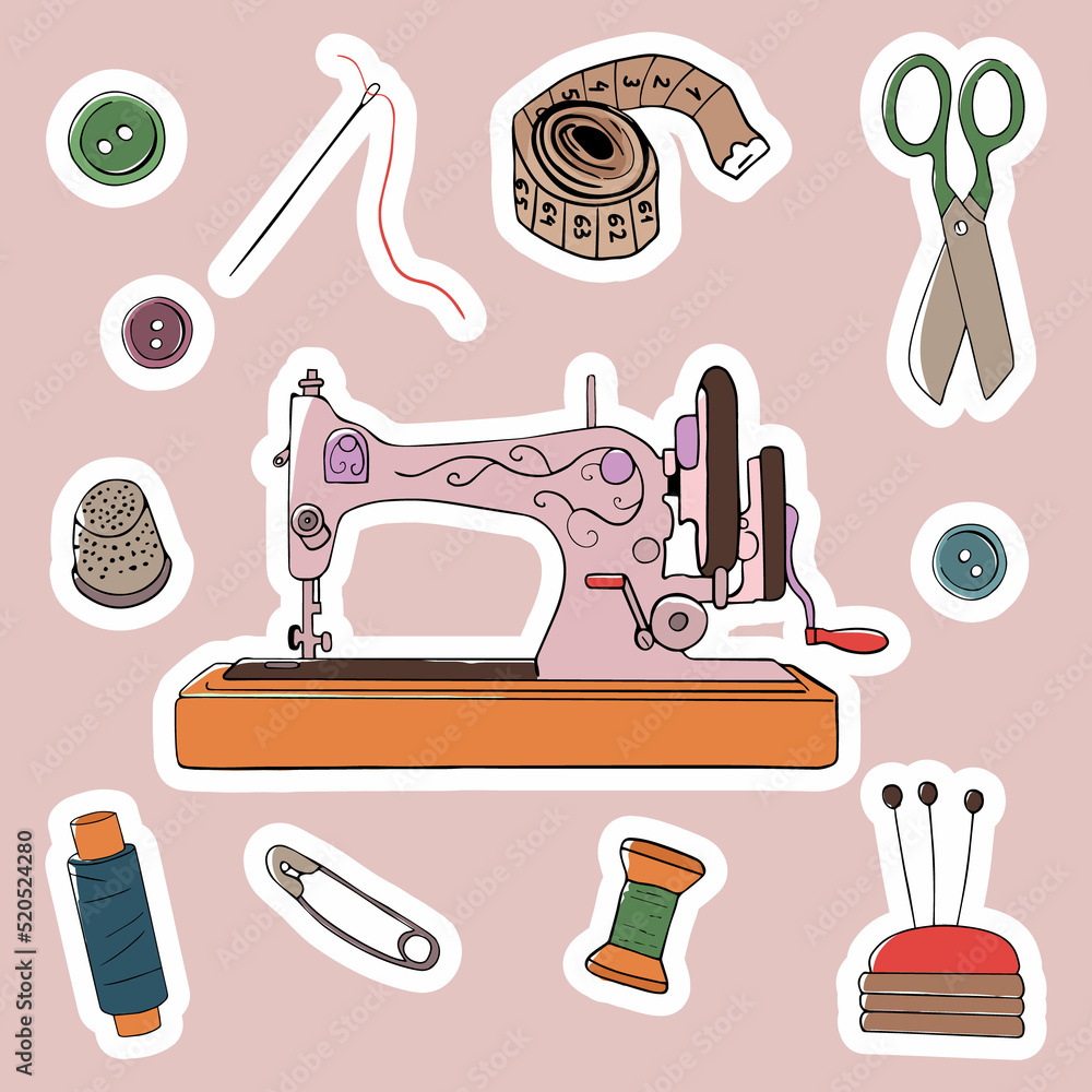 Needlework concept. Various sewing tools. Needles, scissors,sewing ...