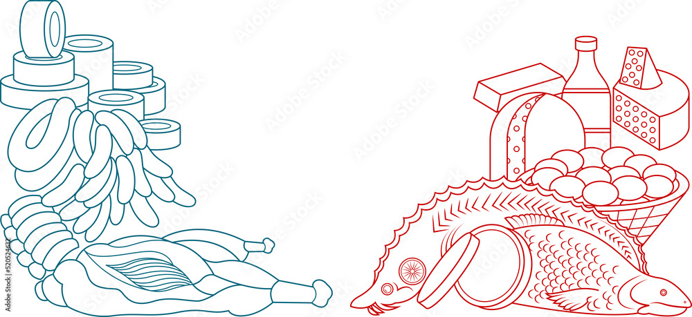 Food. Outline drawing. Choice of products. Protein. Fish. Meat. Eggs ...