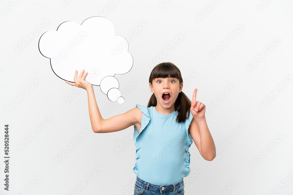 Little caucasian kid isolated on white background holding a thinking ...