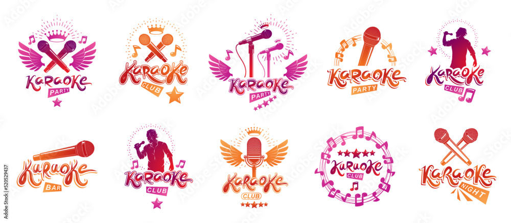 Karaoke party or club logos and emblems vector set isolated, singing ...
