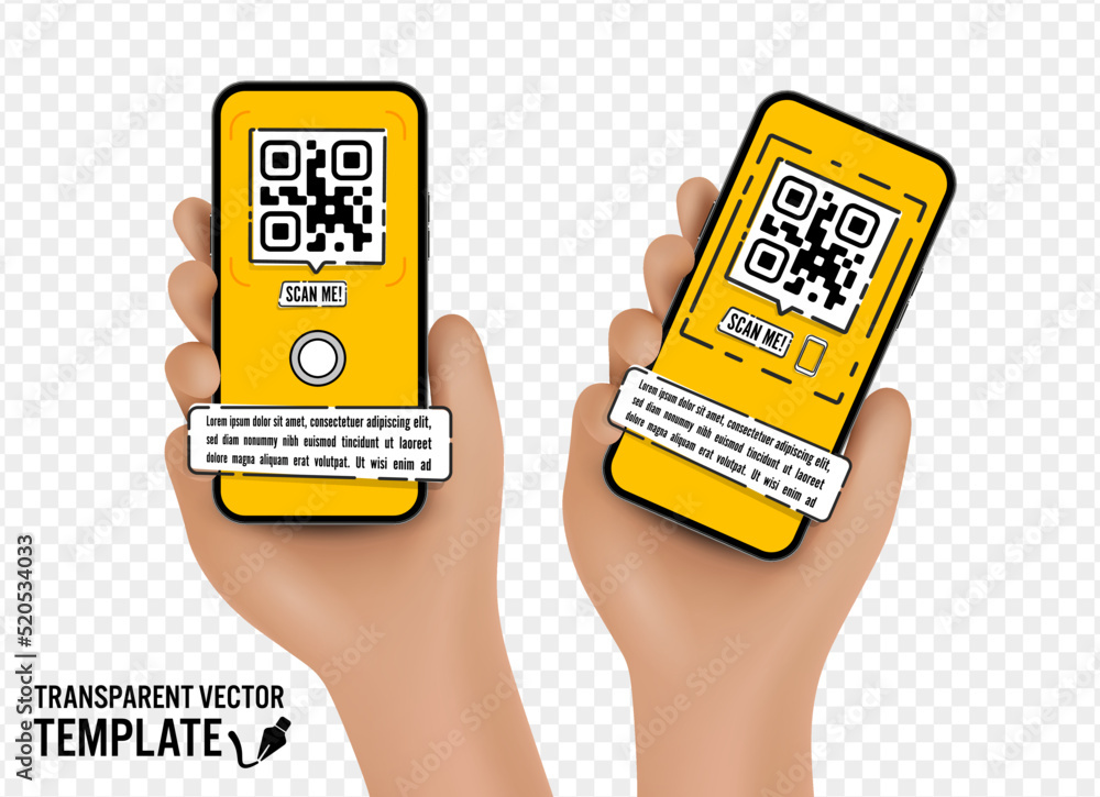 Vector cartoon hand holding the black smartphone with a QR code scanner ...