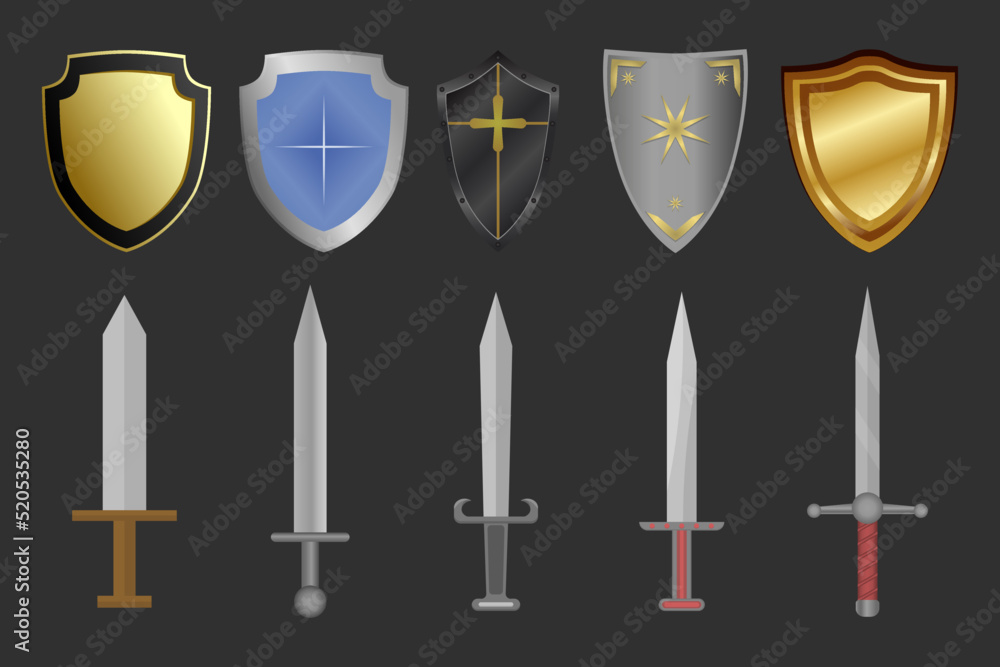 Knight weapon set. Swords and shields. Vector illustration Stock Vector ...