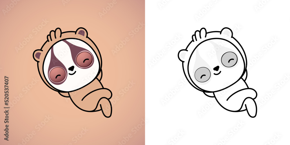 Set Clipart Slow Loris Coloring Page and Colored Illustration.Clip Art ...