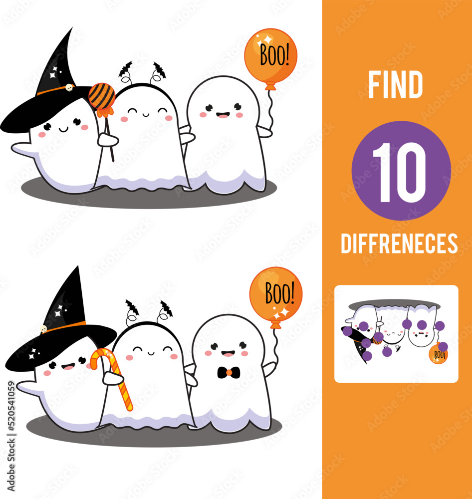 Cute Halloween ghosts. Find the differences educational children game ...