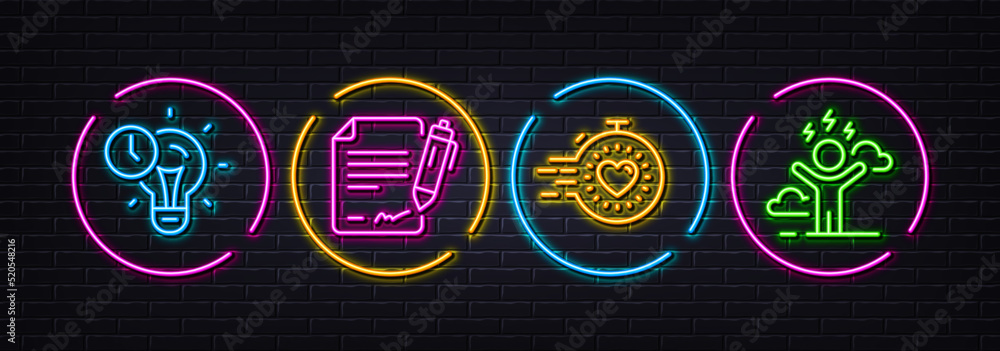 Signing document, Timer and Time management minimal line icons. Neon laser 3d lights. Difficult ...