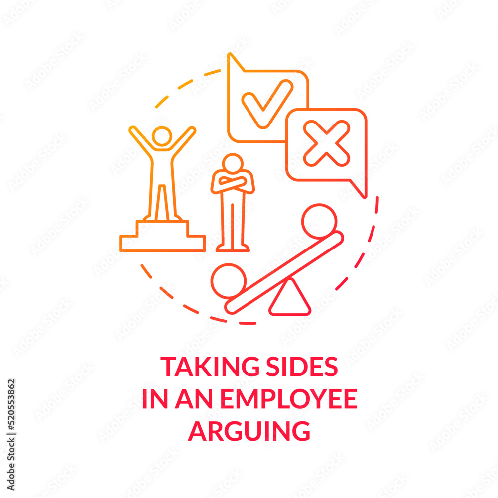 Taking sides in employee arguing red gradient concept icon. Unethical ... Taking sides in employee arguing red gradient concept icon. Unethical ...