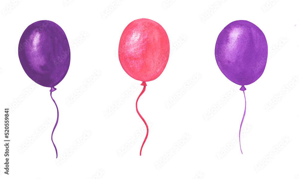 Watercolor purple violet pink flying balloons hand drawn illustration ...