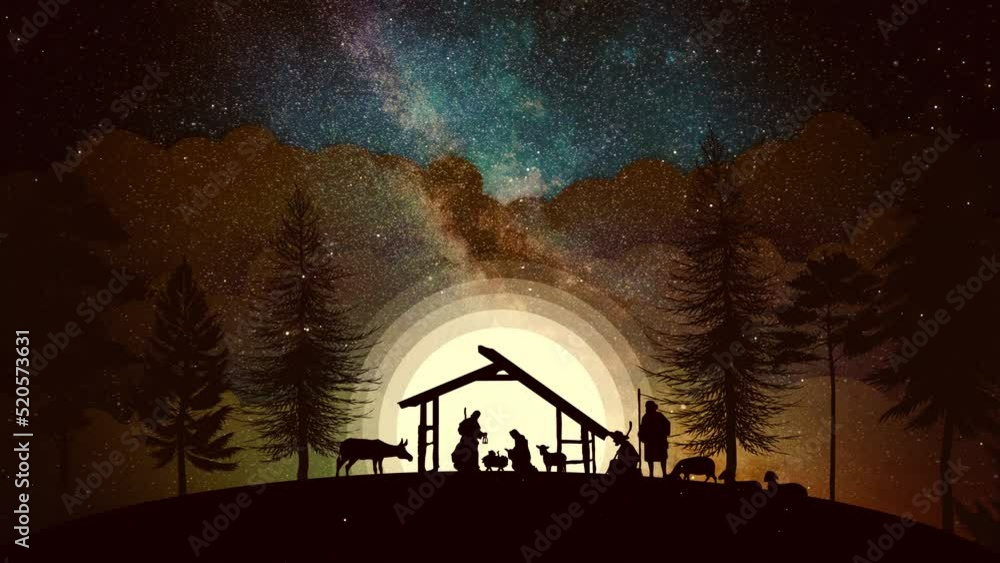Christmas Scene animation with twinkling stars and nativity characters ...