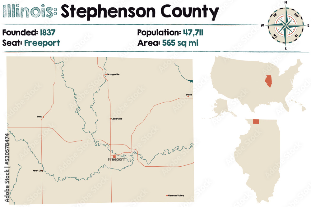 Large and detailed map of Stephenson county in Illinois, USA. Stock ...