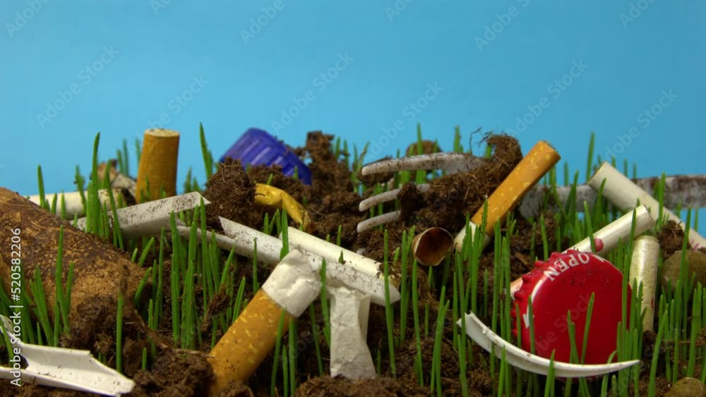 Grass is growing on the littered ground full of cigarette buds and ...