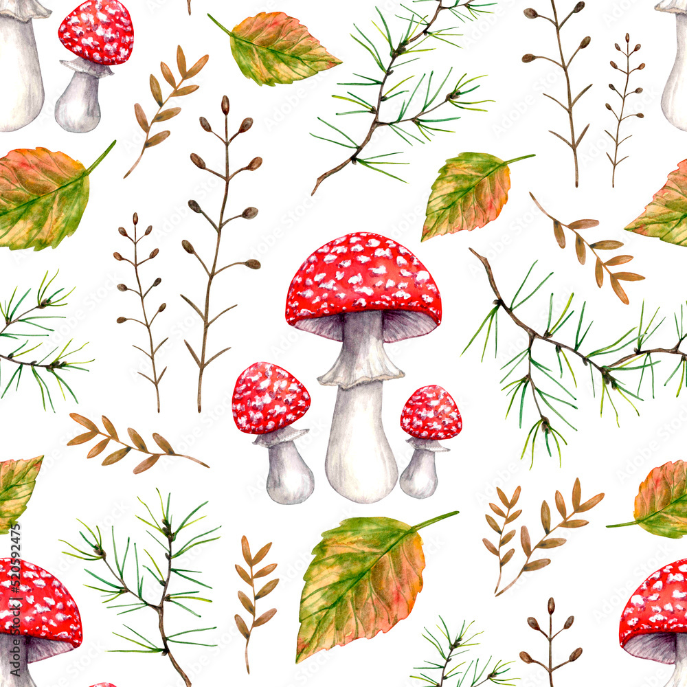 Seamless autumn drawing with fly mushrooms, leaves, grasses and pine ...