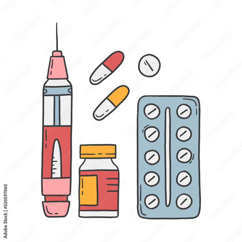 Syringe injector pen, medical drugs and pills vector illustration in ...