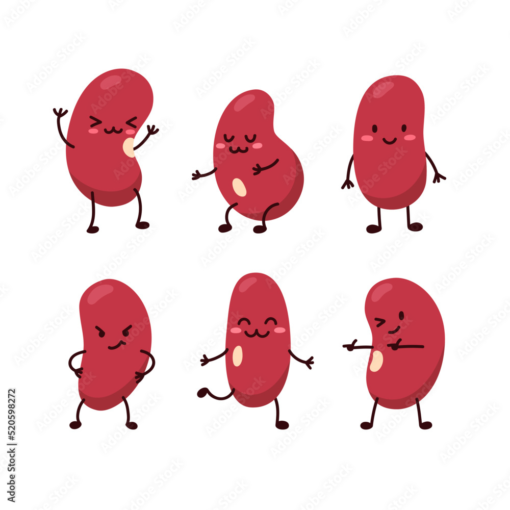 Cute kidney beans with face and different emotions, cartoon flat vector ...