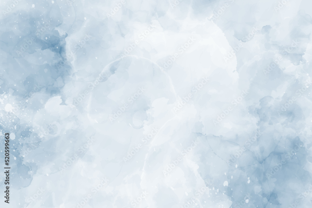 Abstract blue winter watercolor background. Sky pattern with snow. Light grey watercolour paper ...