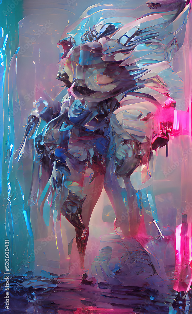 3d digital render Abstract modern Art character in ice and neon light ...